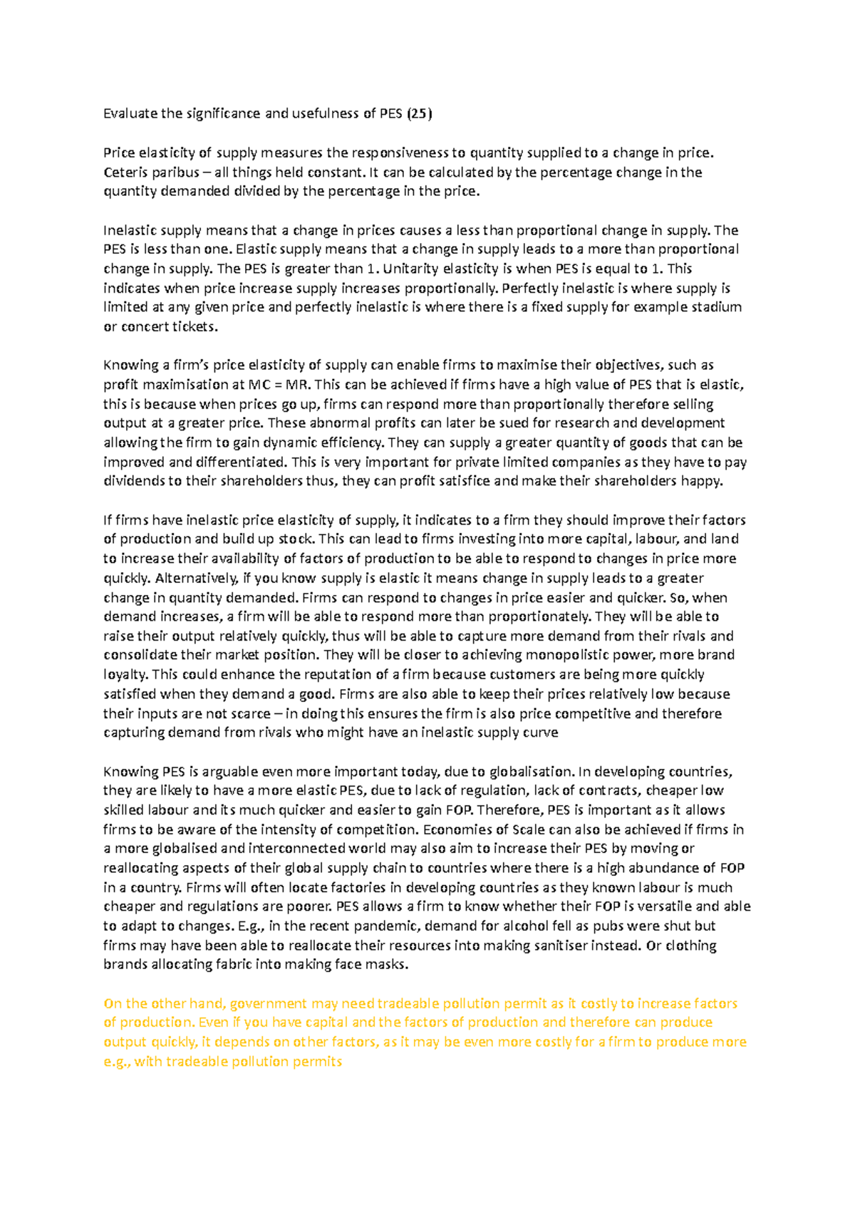 Evaluate PES - Price elasticity of supply - Evaluate the significance ...