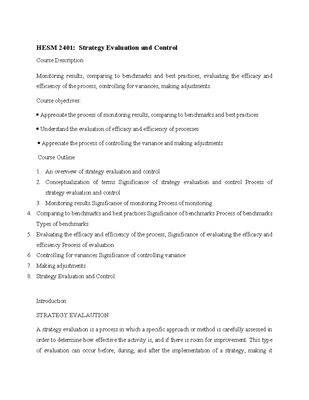 HESM 2401 Strategy Evauation and Control course outline and a set of ...