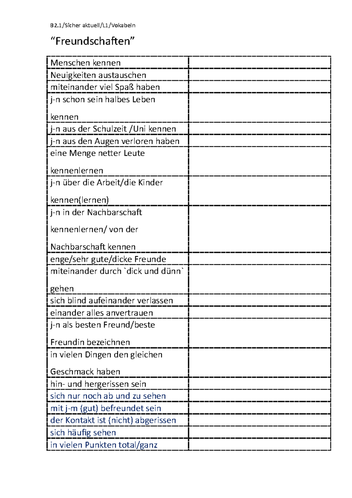 Vokabeln,Freundschaften 2 - B2/Sicher aktuell/L1/Vokabeln ...