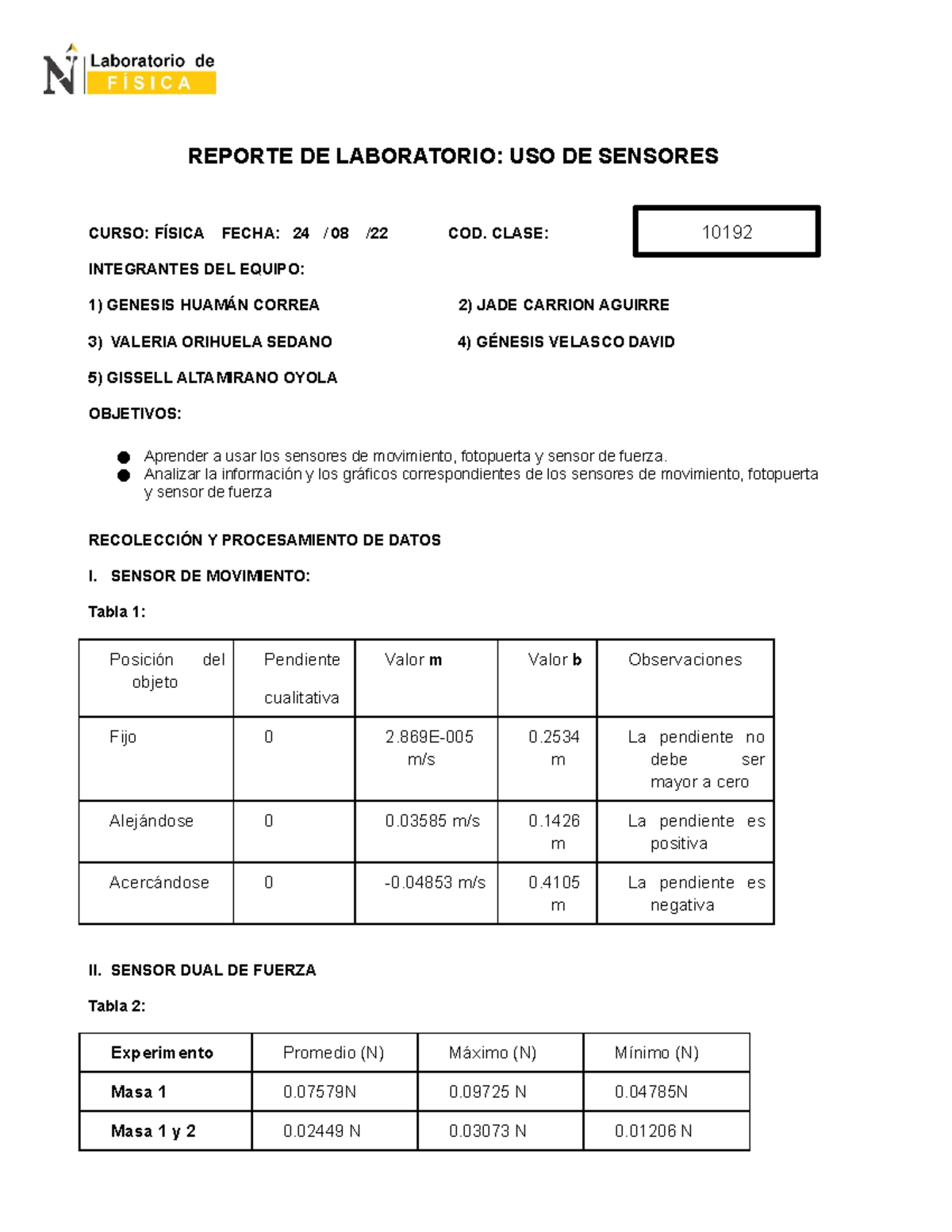 Reporte LAB Fisarq S02 UDS FF - REPORTE DE LABORATORIO: USO DE SENSORES CURSO: FÍSICA FECHA: 24 ...