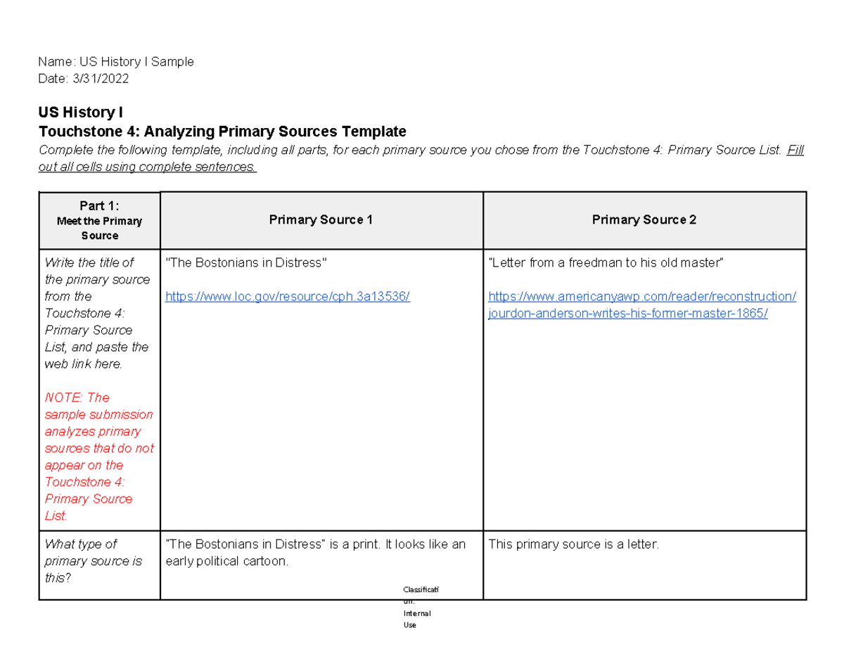 US History sample - Classificati on: Internal Name: US History I Sample ...