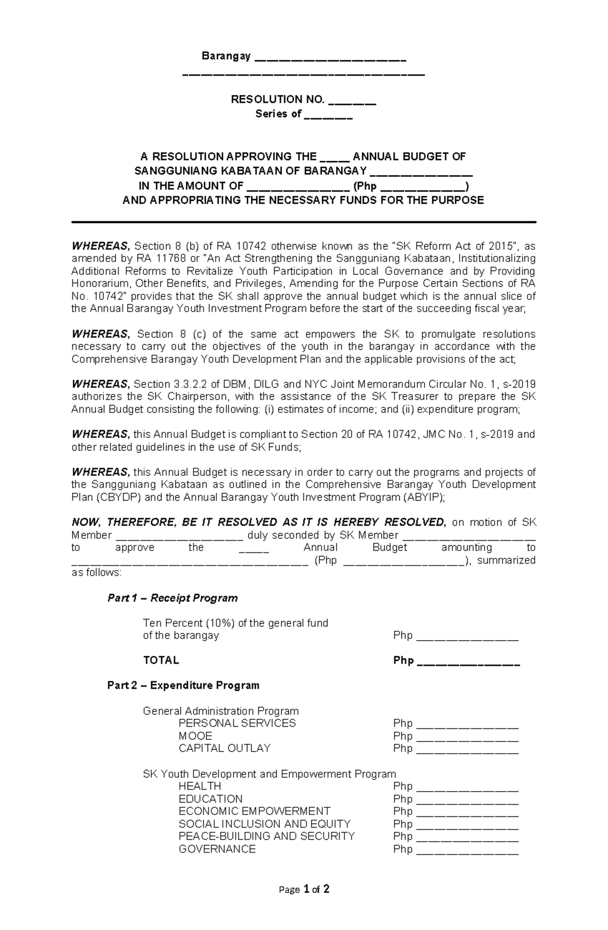 SK Resolution Revised Blank - Barangay _________________________ - Studocu