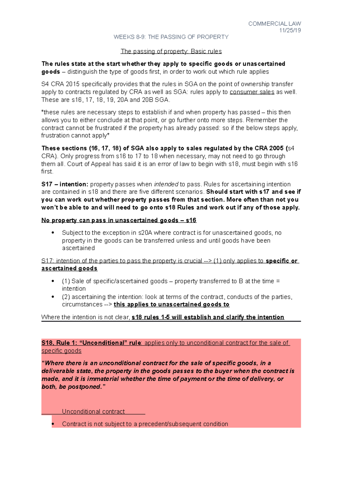 Commercial Law Lecture 8 - passing of property - 11/25/ WEEKS 8-9: THE ...