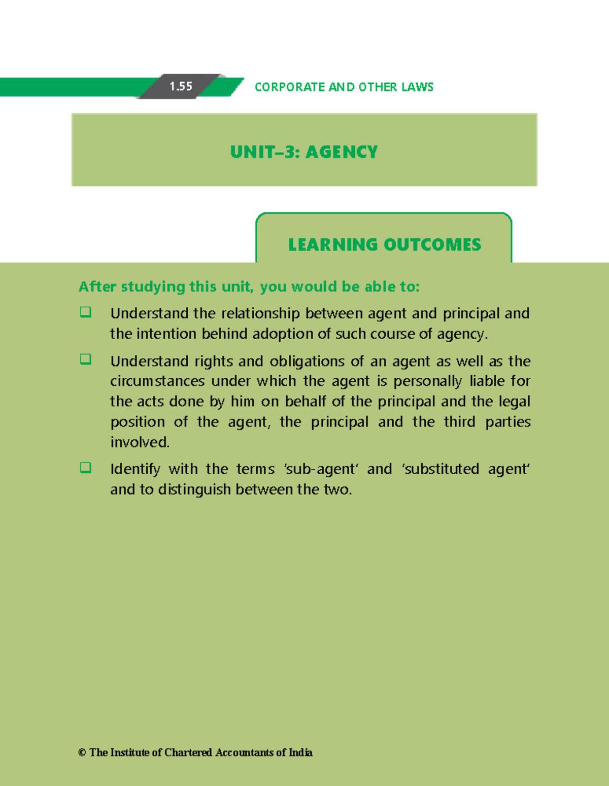 Agency - 1. 1 CORPORATE AND OTHER LAWS LEARNING OUTCOMES UNIT–3: AGENCY ...