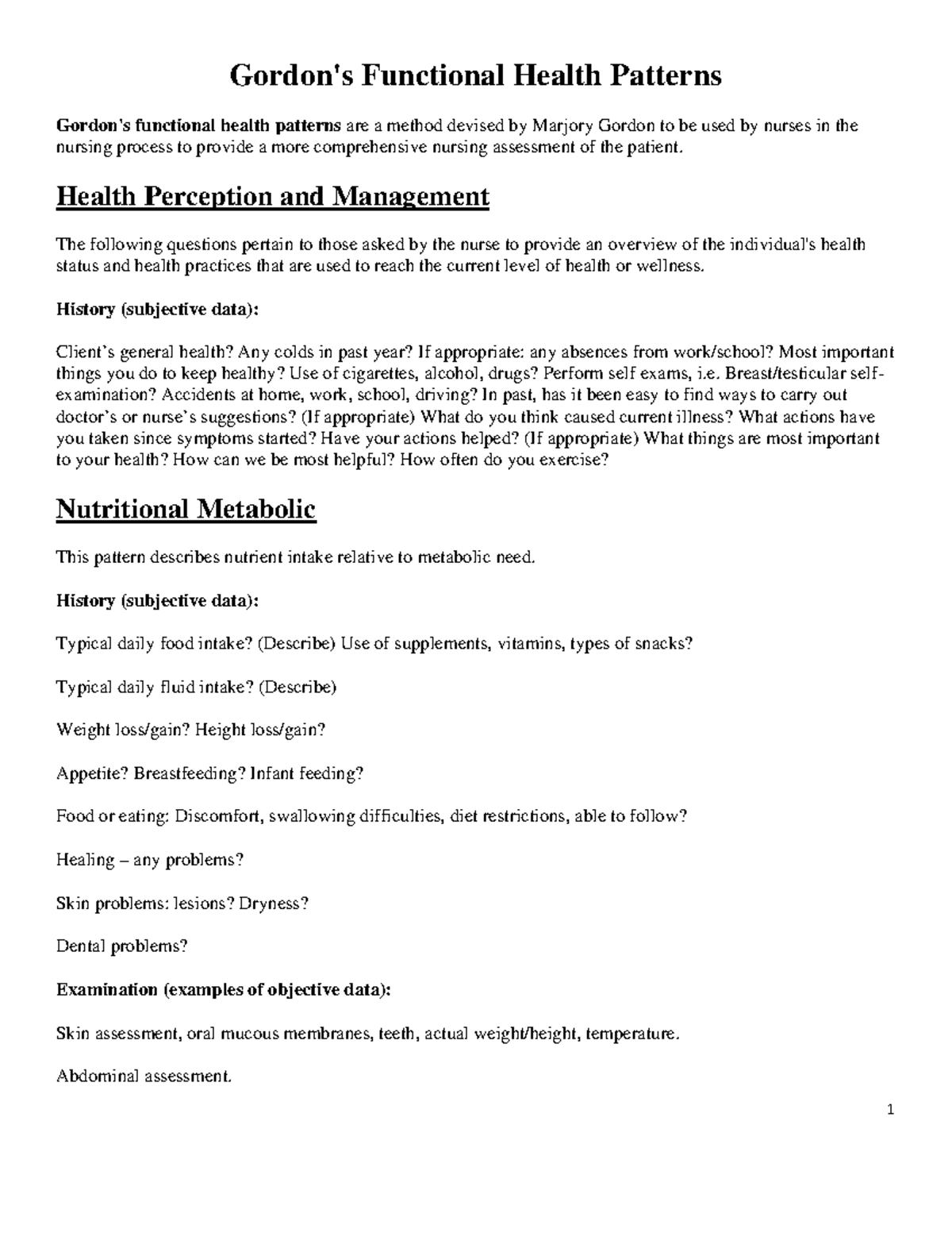 Health Perception and Management Gordon's Patterns - Gordon's ...