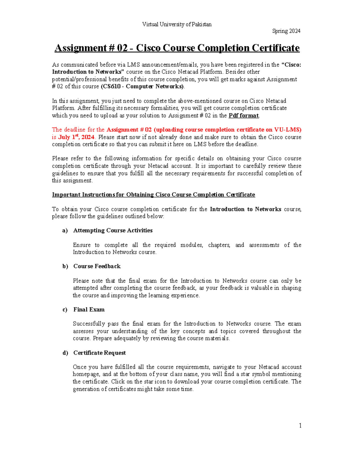 Spring 2024 CS610 2 - Virtual University of Pakistan Spring 2024 Assignment # 02 - Cisco Course ...