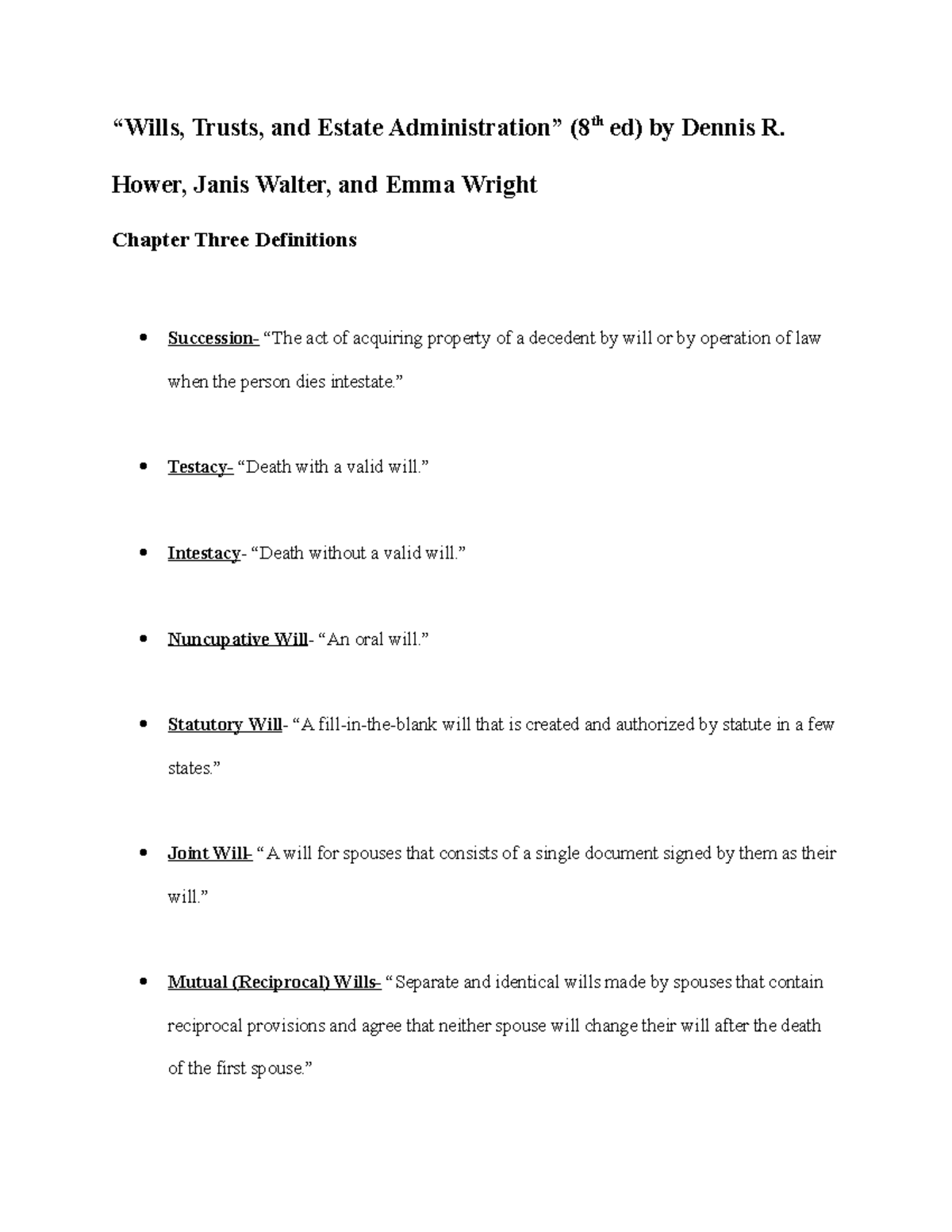 Wills, Trusts, and Estates Chapter Three Definitions - “Wills, Trusts ...