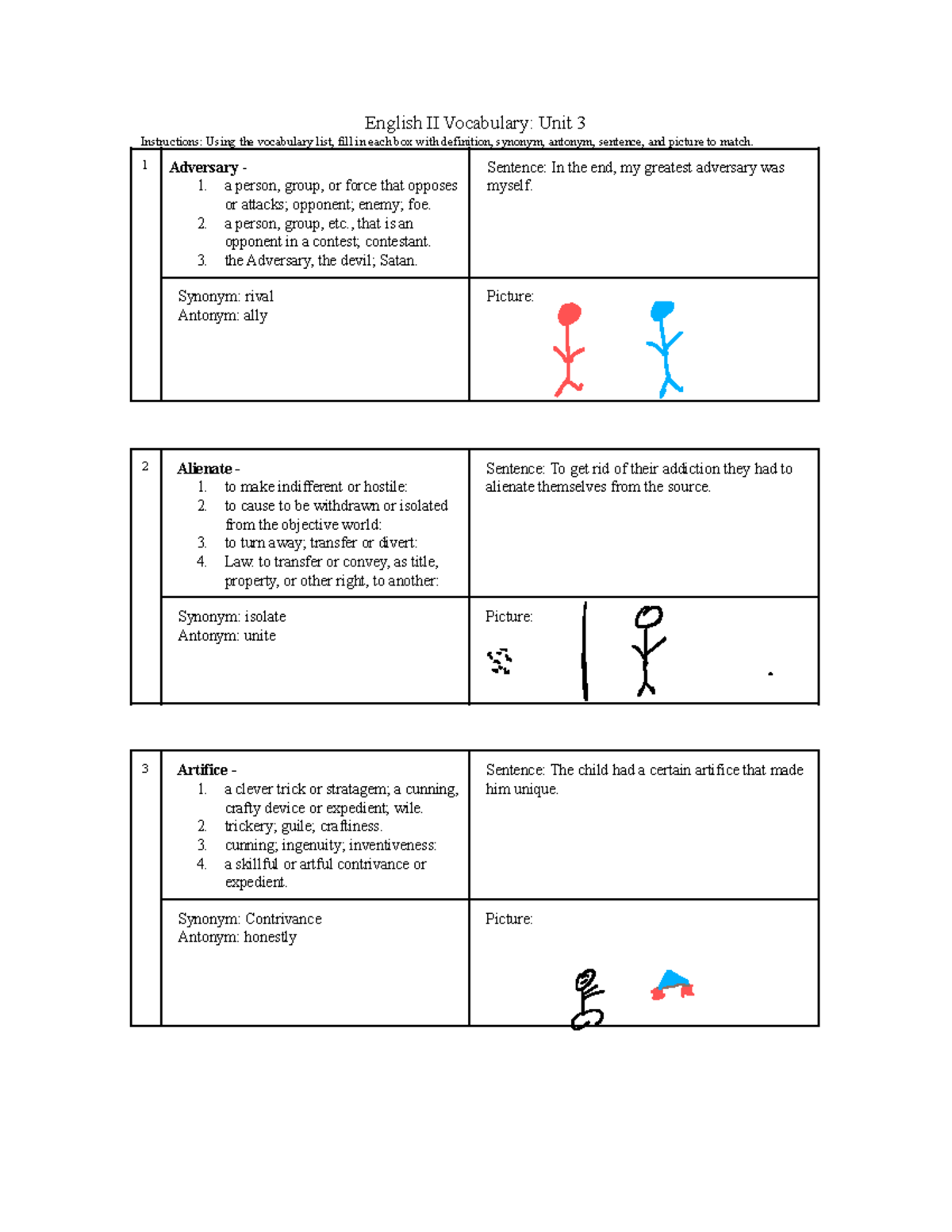 Vocbulary Sqares Unit 3 - English II Vocabulary: Unit 3 Instructions ...