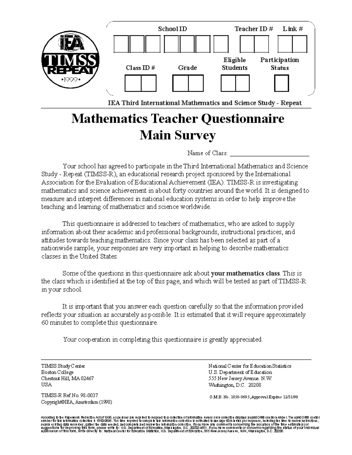 1999 8th Grade Math Teacher Questionnaire School ID Teacher ID Link