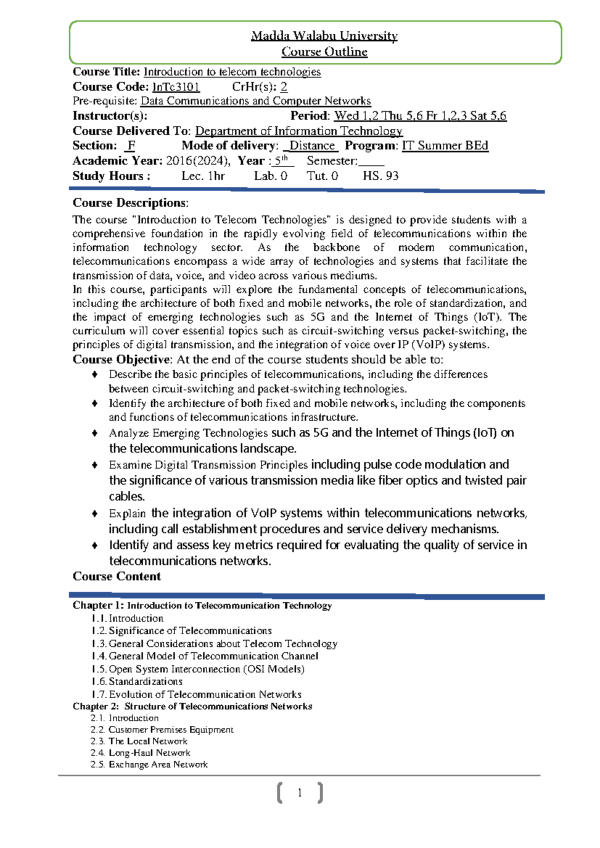 2016 Intro to Telecom Technologies Course Outline summer IT - 1 Course ...