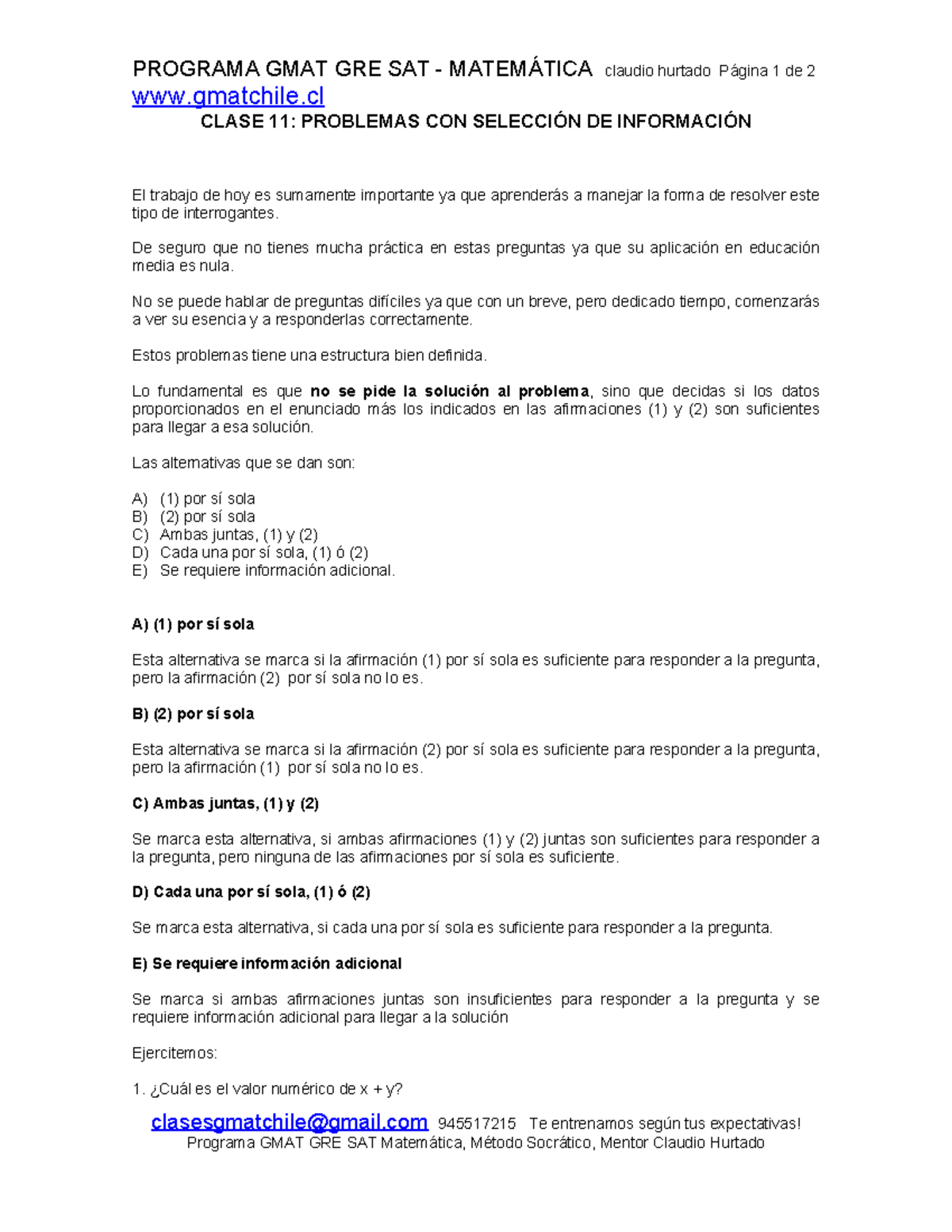 Clase 11 GMAT GRE SAT suficiencia datos - PROGRAMA GMAT GRE SAT - MATEMÁTICA claudio hurtado ...