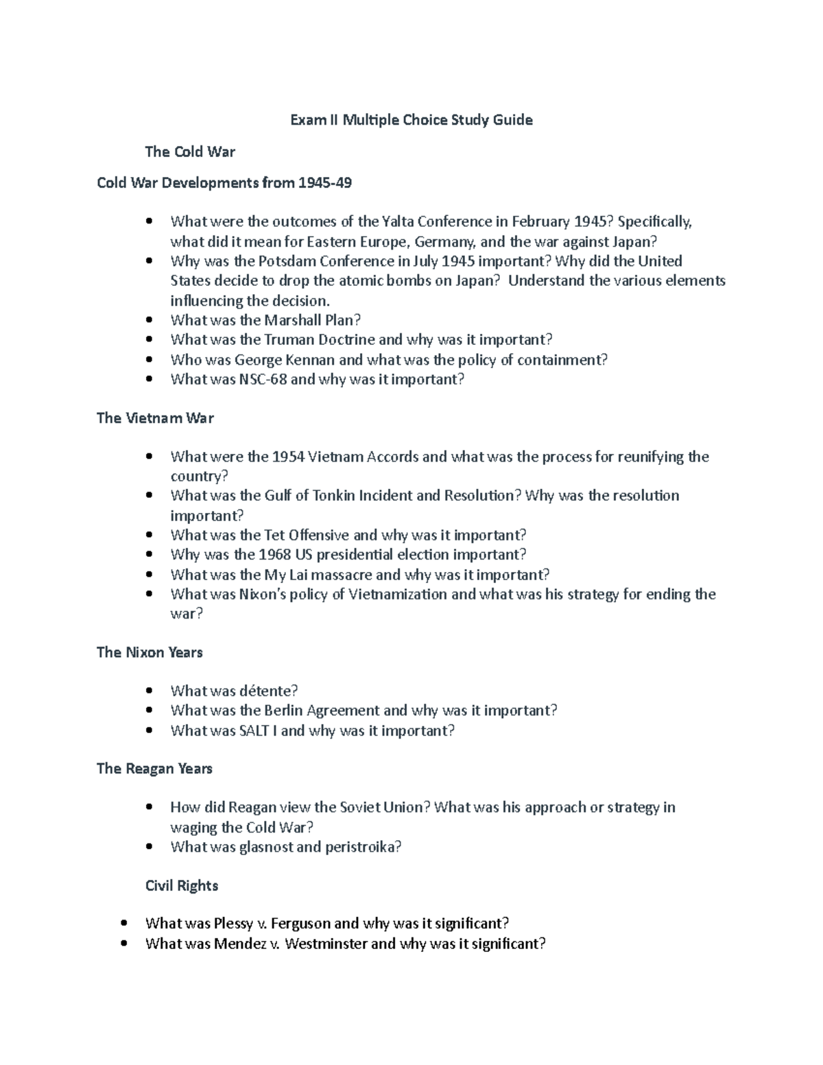 Exam II Multiple Choice Final Study Guide - Exam II Multiple Choice ...