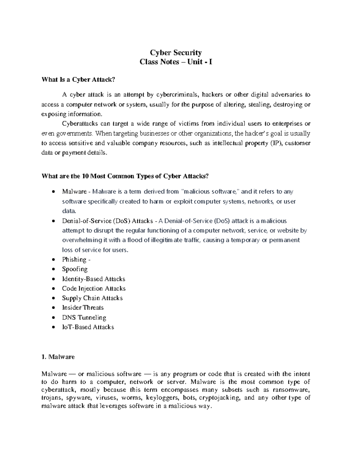 CS Unit I-1-2 - Cyber Security Class Notes – Unit - I What Is a Cyber ...