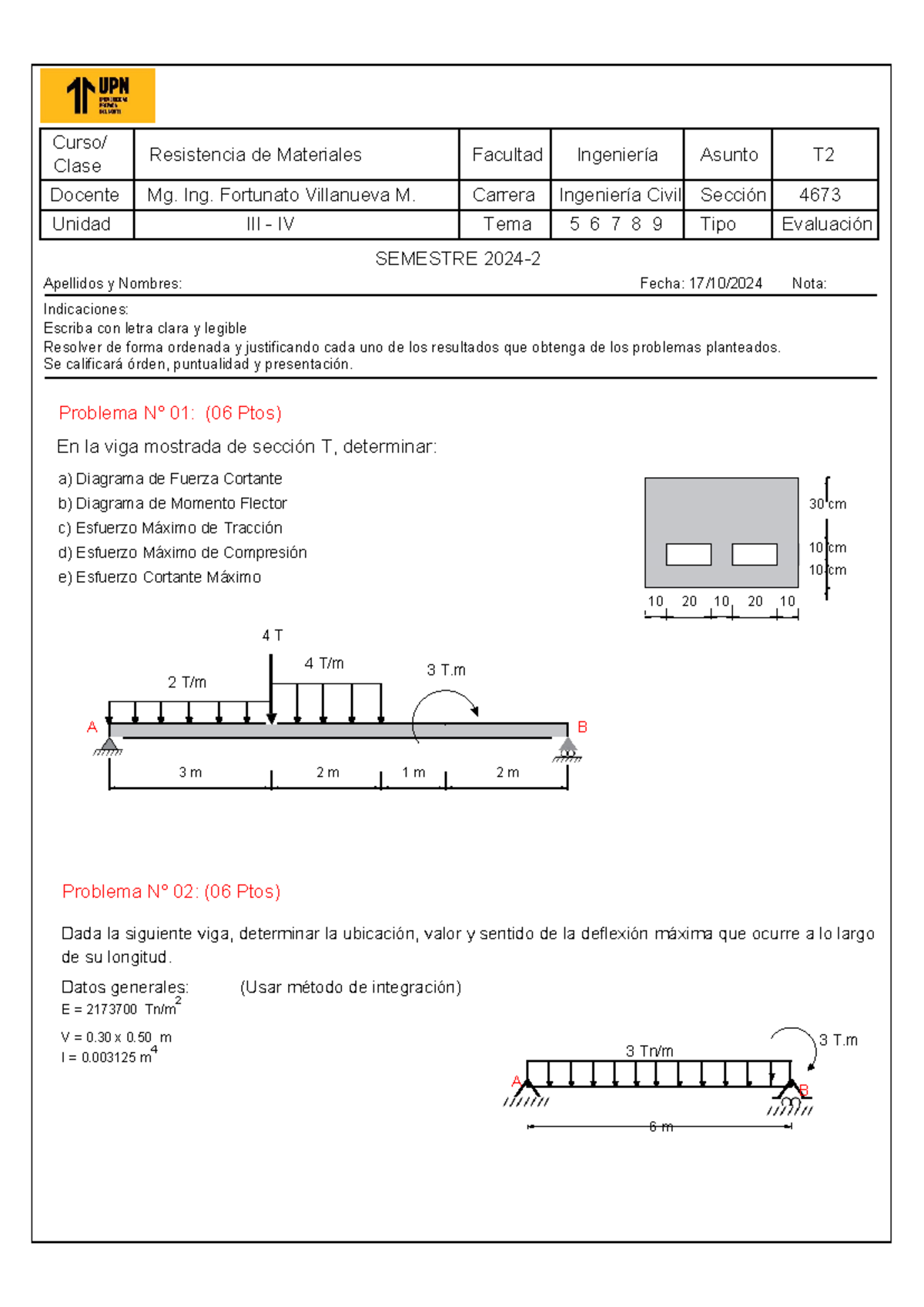 Evaluación T2 4673 - examen - Curso/ Clase Resistencia de Materiales Facultad Ingeniería Asunto ...