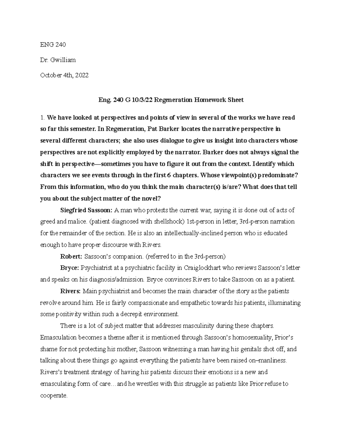 Regeneration Worksheet - ENG 240 Dr. Gwilliam October 4th, 2022 Eng ...