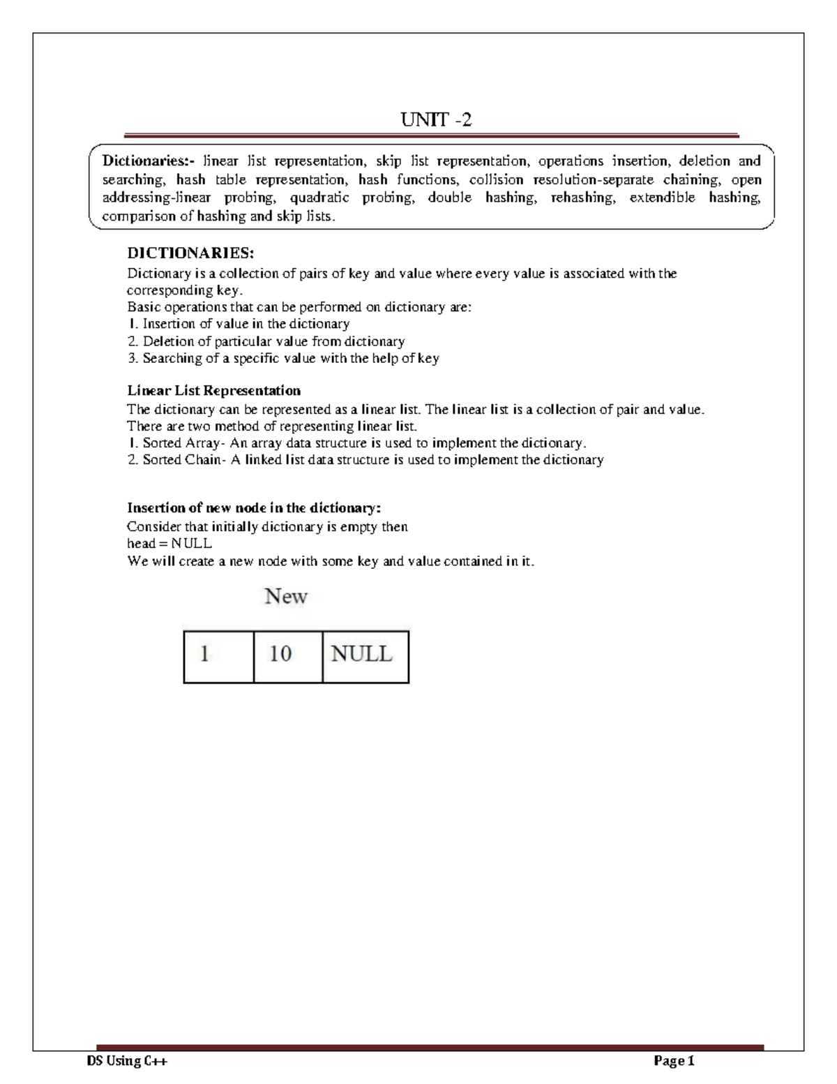 DS 2nd Unit R18 - Dictionaries:- linear list representation, skip list ...