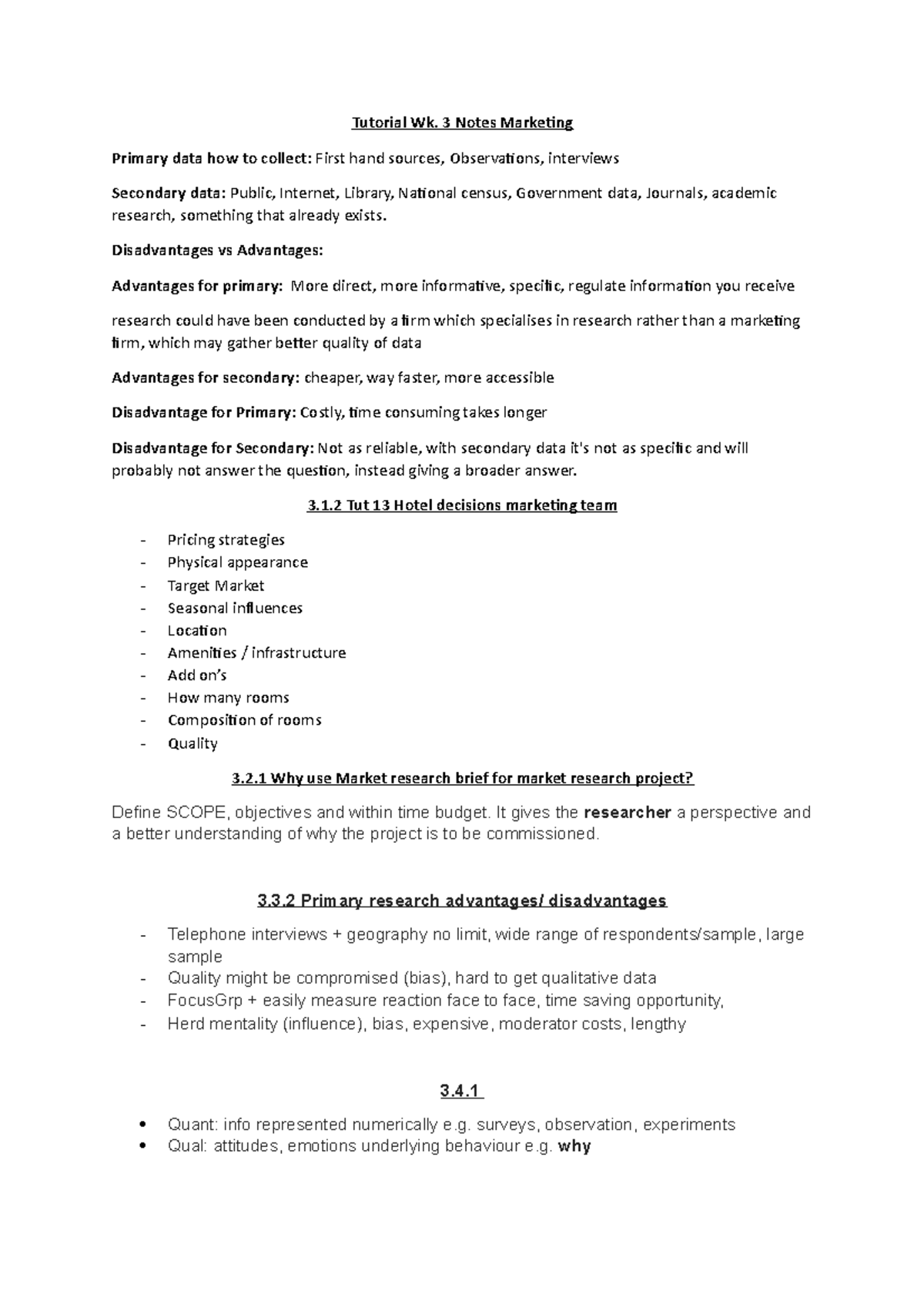 Tutorial Wk3 notes - Tutorial Wk. 3 Notes Marketing Primary data how to ...