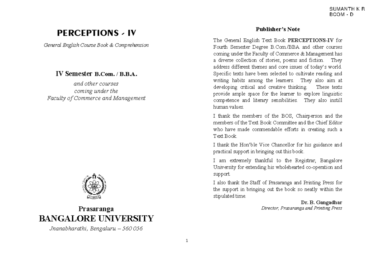IV sem BCom BBA English text - PERCEPTIONS - IV ####### General English ...