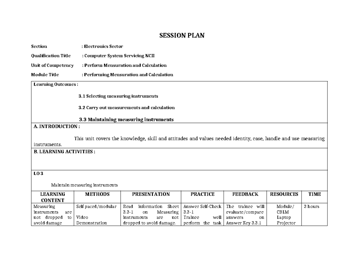 Session plan for CSS NCII - SESSION PLAN Section : Electronics Sector Qualification Title ...