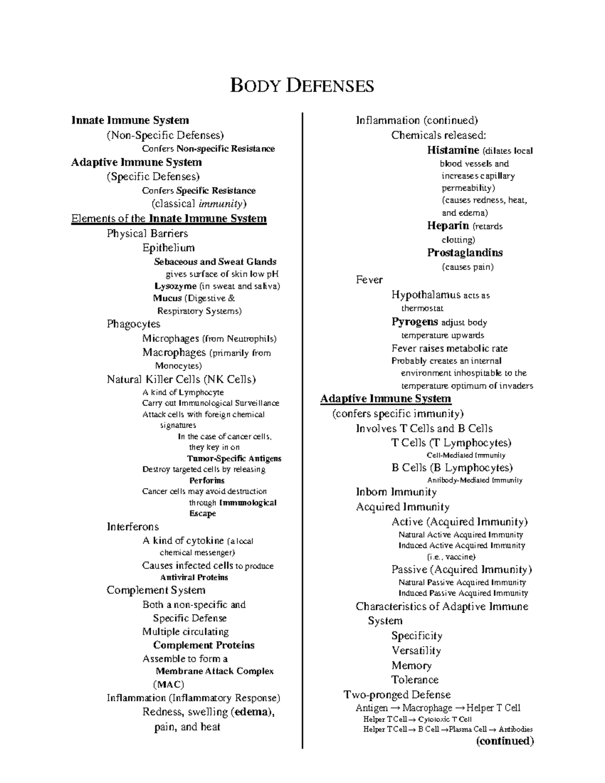 Study Outline Body Defenses - BODY DEFENSES Innate Immune System (Non ...