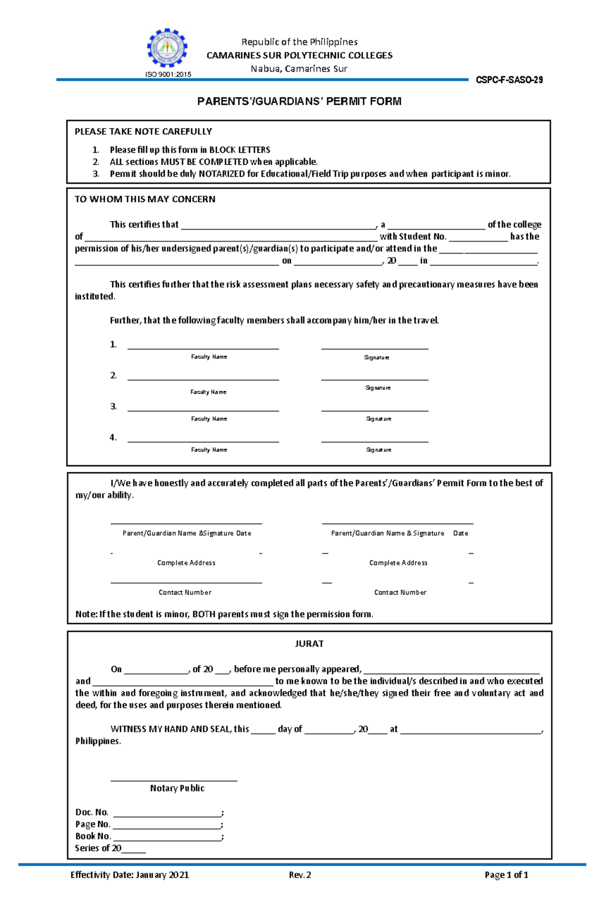 Parents or Guardians Permit Form - Republic of the Philippines ...