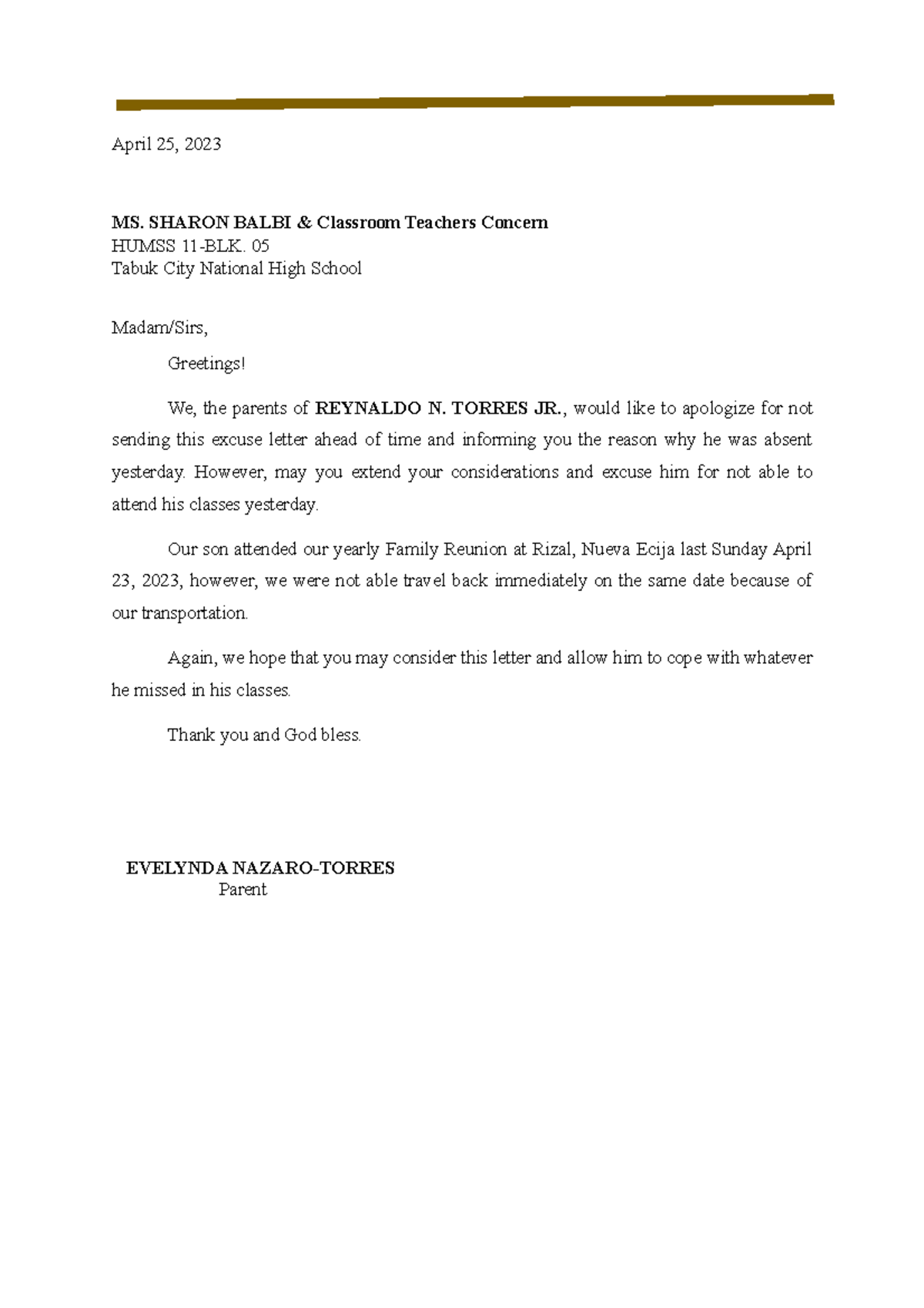 Excuse Letter 1 - April 25, 2023 MS. SHARON BALBI & Classroom Teachers ...