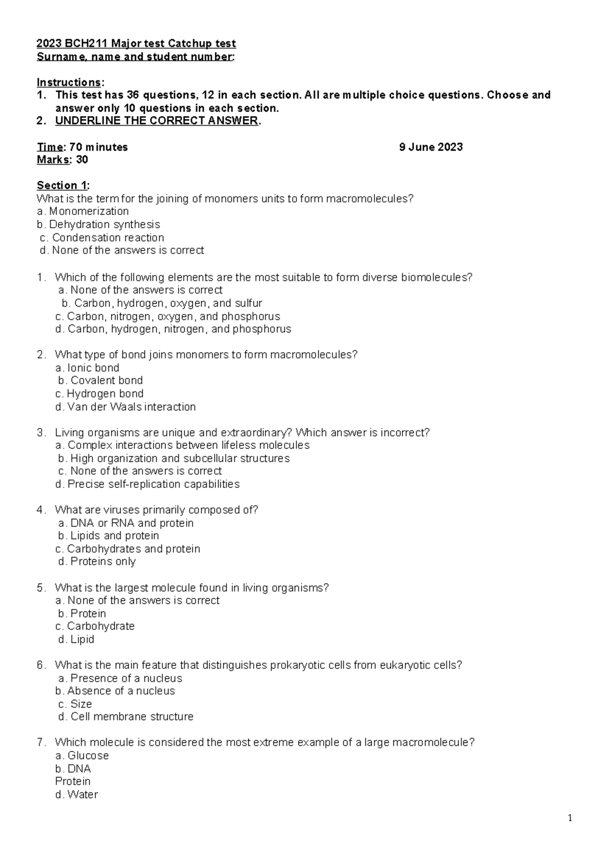 2023 BCH211 Major test 1 Catchup test - 2023 BCH211 Major test Catchup ...