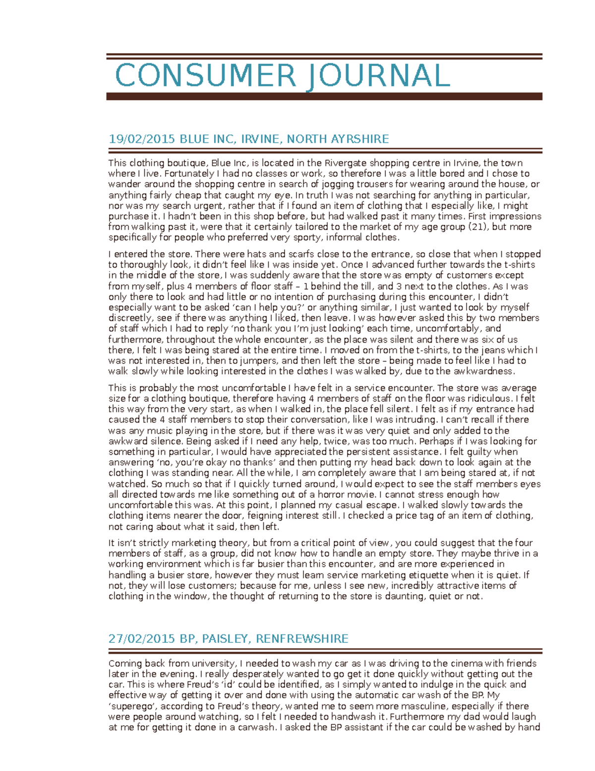 Consumer diary notes - PDP summary of module - CONSUMER JOURNAL BLUE ...