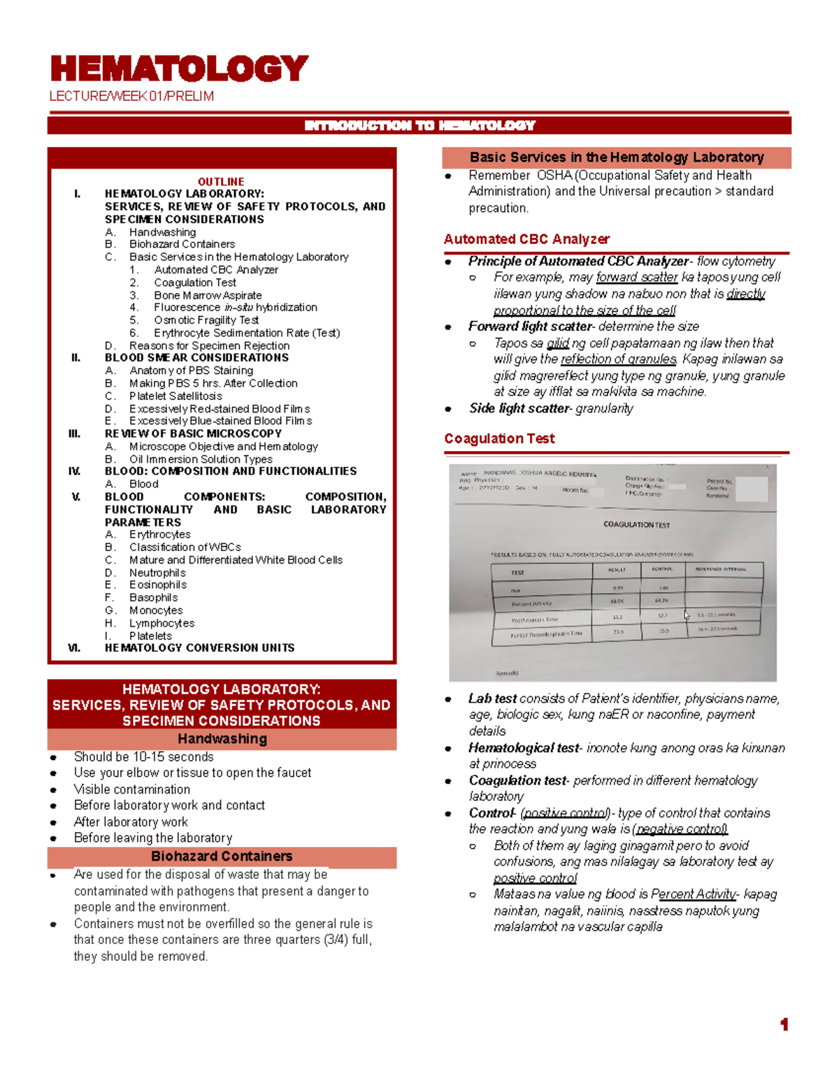 HEMA Lec- Prelims - notes in hematology - HEMATOLOGY LECTURE/WEEK 01 ...