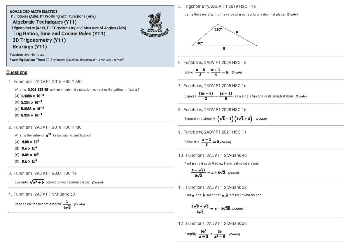 AP1 Revision Part 1 - Just give it a go eh - 1. Functions, 2ADV F1 2015 HSC 1 MC 2. Functions ...