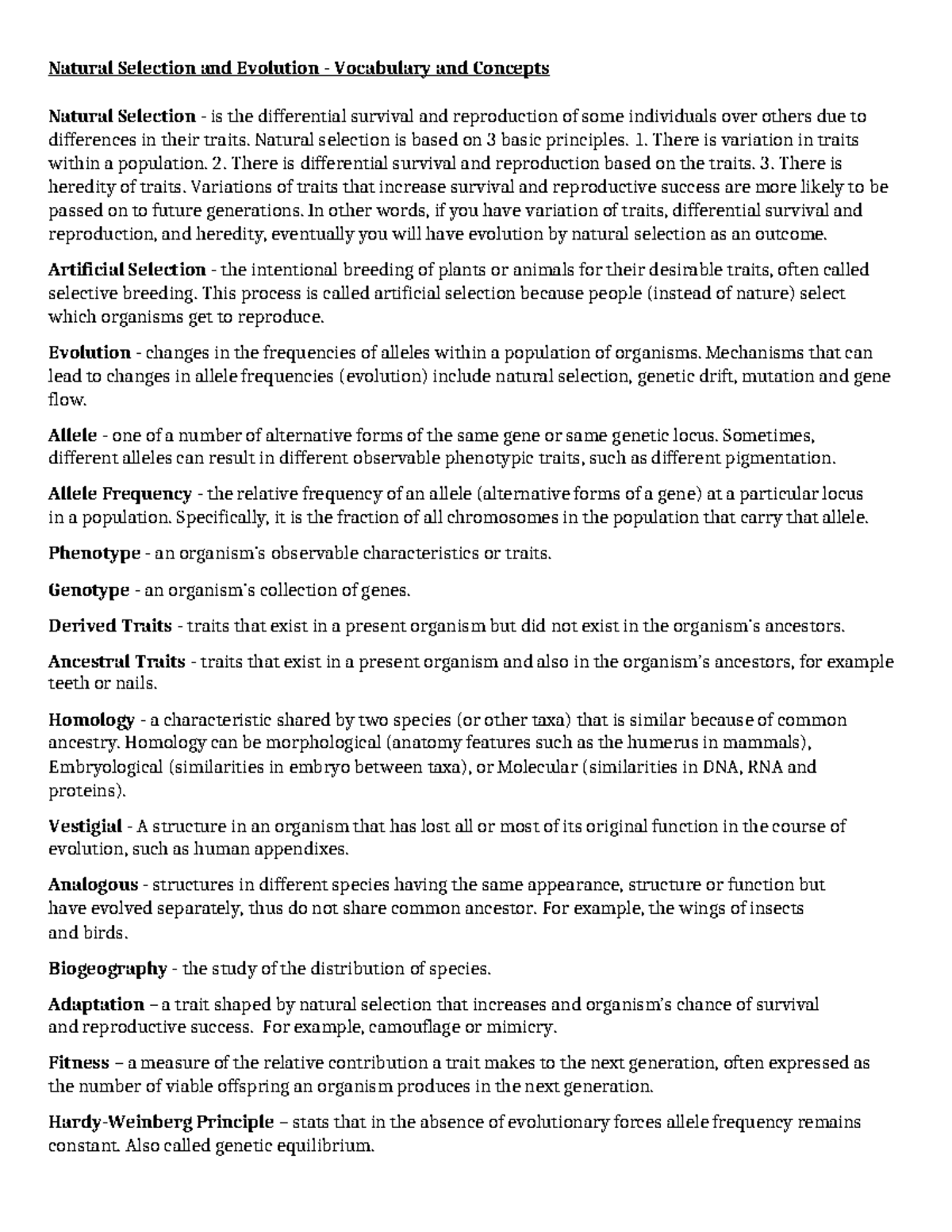 Unit 5 Vocabulary Complete - Natural Selection and Evolution ...