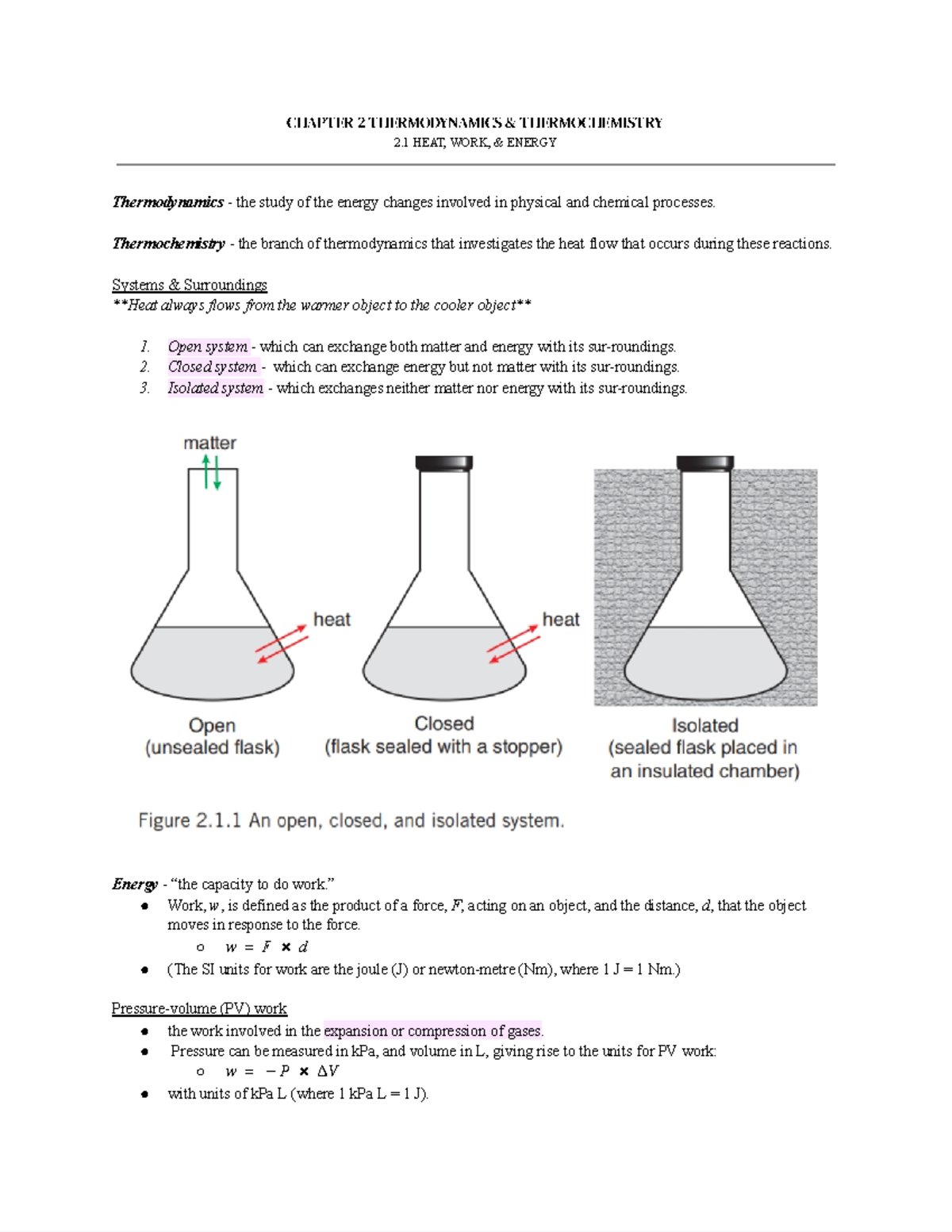 Chapter 2 - Thermodynamics & Thermochemistry 2.1 Heat, Work, and Eenrgy ...