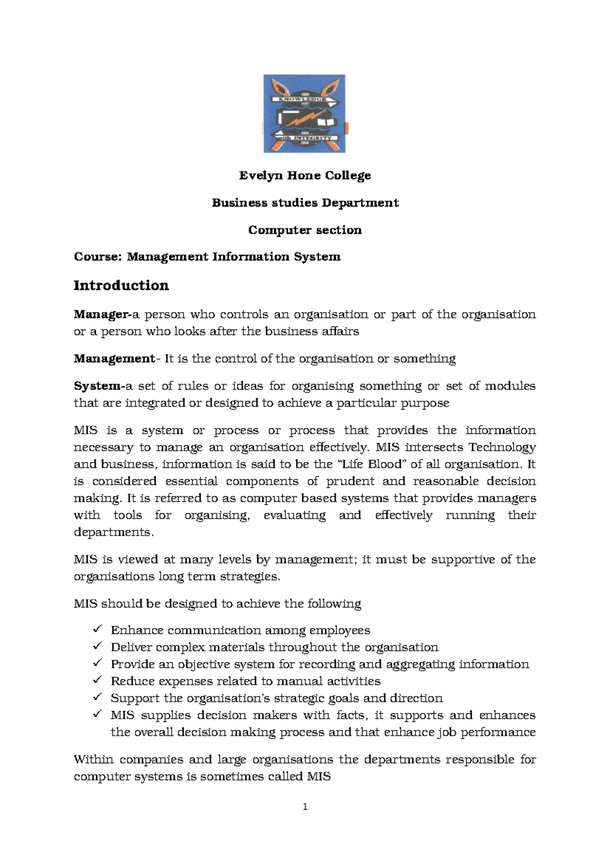 Introduction MIS - Lecture notes 1-5 - Management information system ...