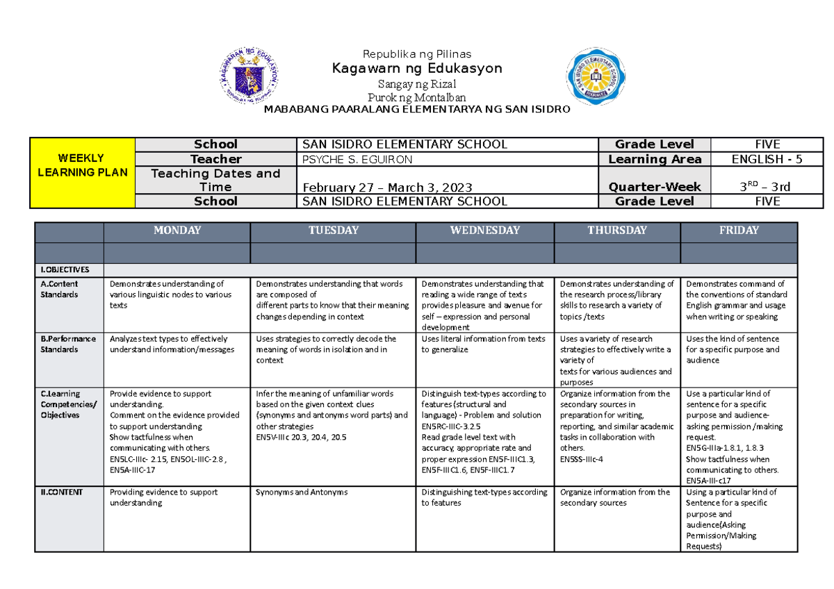 WLP English 5 Q3 WEEK 3 - Republika ng Pilinas Kagawarn ng Edukasyon Sangay ng Rizal Purok ng ...