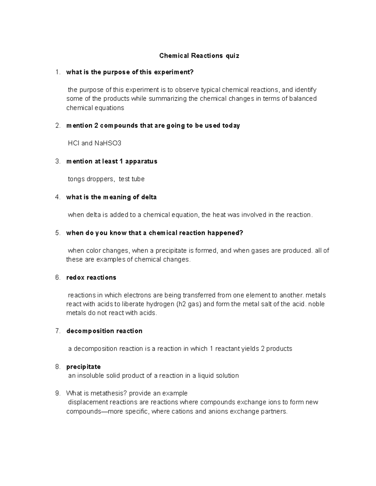 Chemical reactions quiz - Chemical Reactions quiz what is the purpose ...