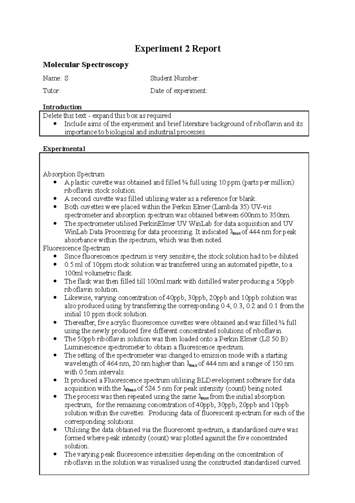 Experiment 2 Molecular Spectroscopy Report Template - Experiment 2 ...