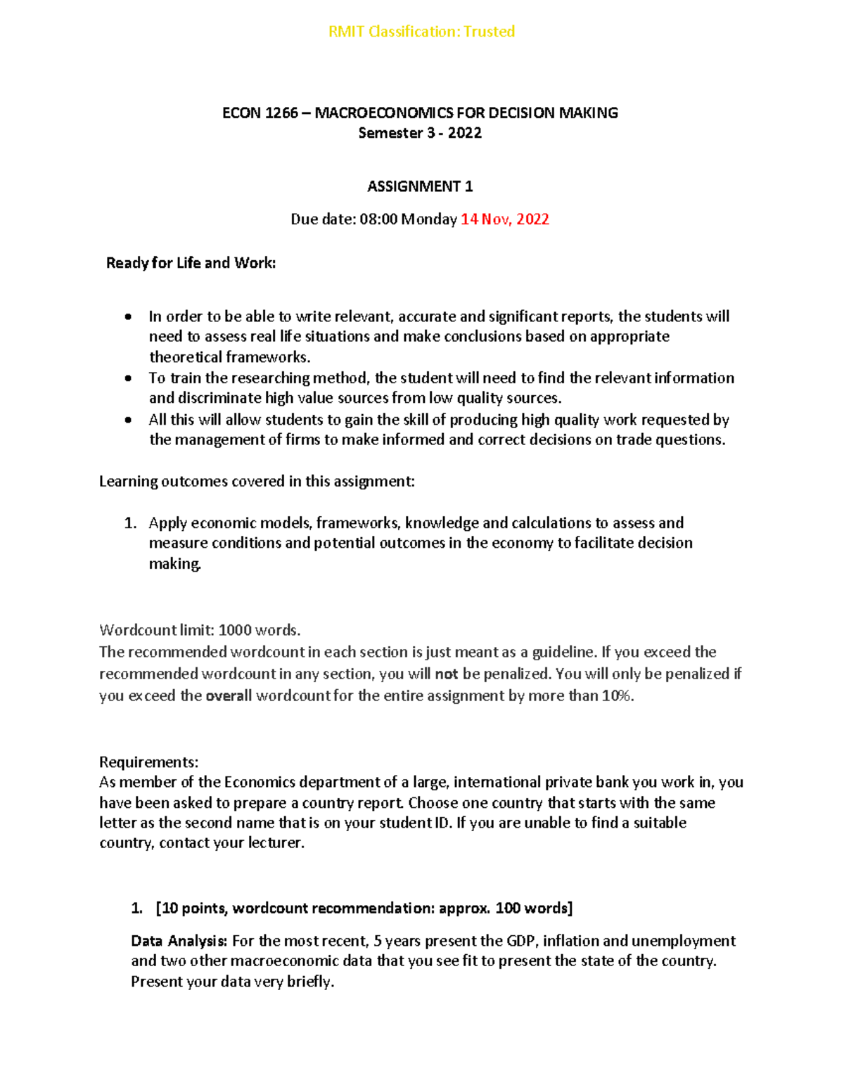 Assignment 1 macro 2 sem3 2022-2 - RMIT Classification: Trusted ECON 1266 – MACROECONOMICS FOR ...