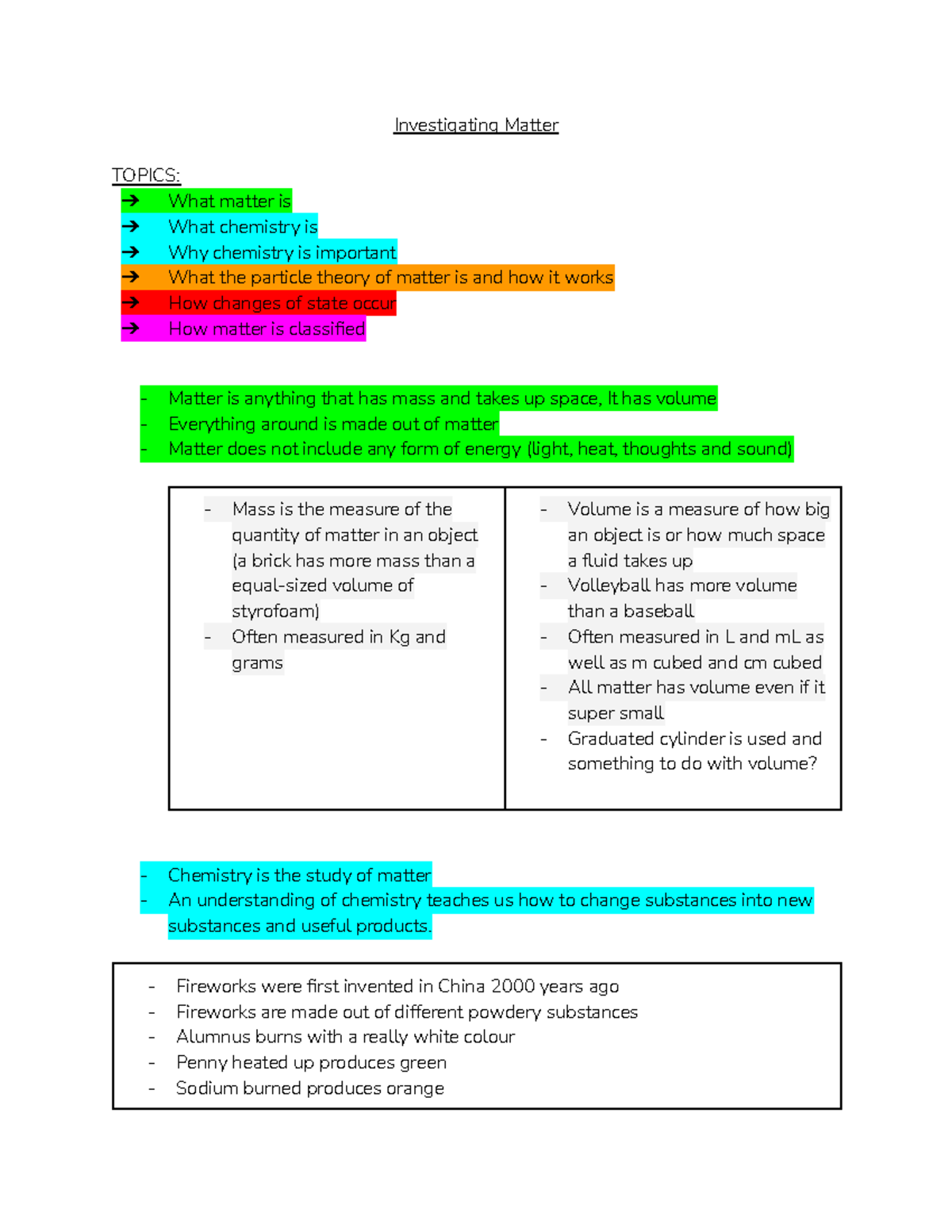 In class -Science Notes - Investigating Matter TOPICS: What matter is ...
