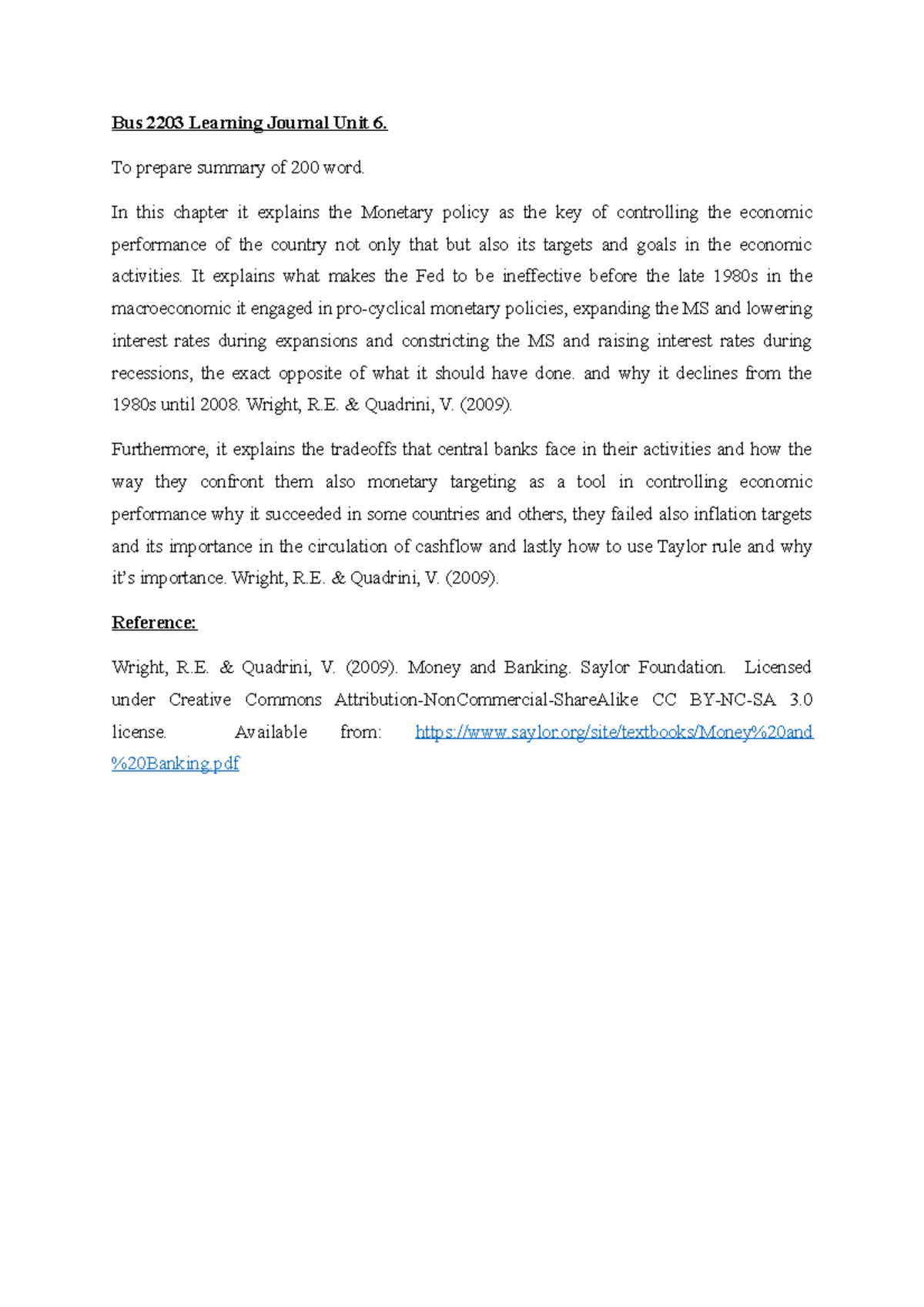 BUS 2203 Learning Journal UNIT 6 - Bus 2203 Learning Journal Unit 6. To prepare summary of 200 ...