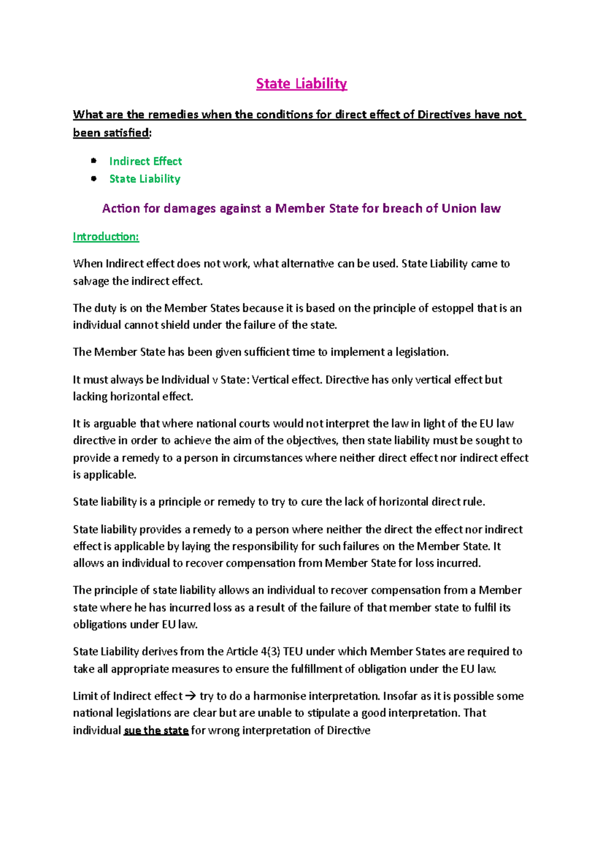 Doctrine of State Liability - State Liability What are the remedies ...