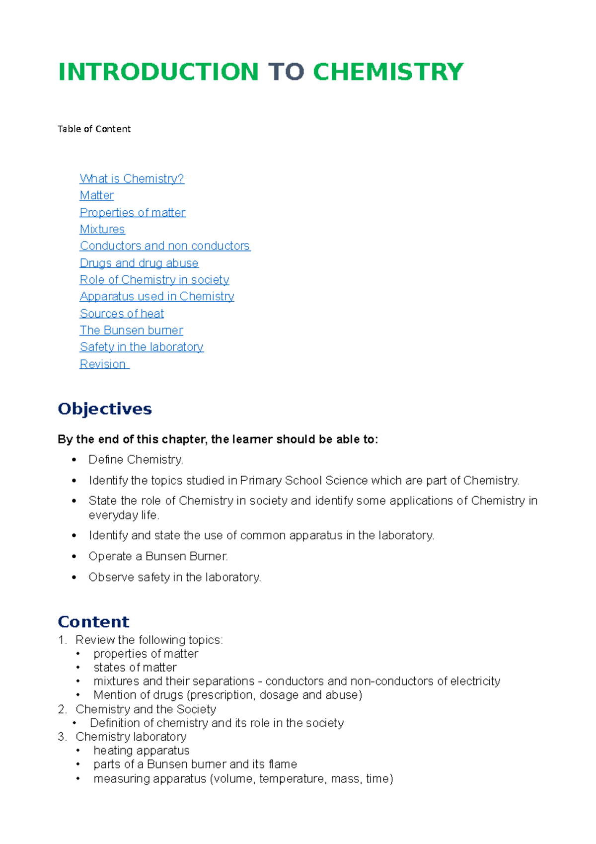 introduction to chemistry - INTRODUCTION TO CHEMISTRY Table of Content ...