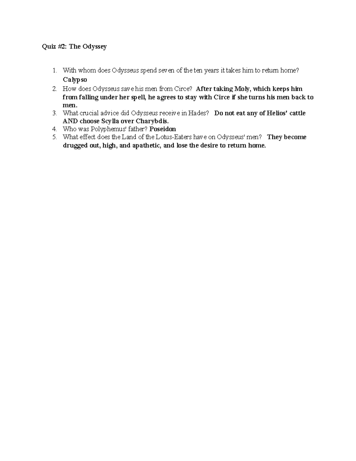 Quiz #2 The Odyssey - HUMN115 Dr. Nicole Miller - Quiz #2: The Odyssey ...