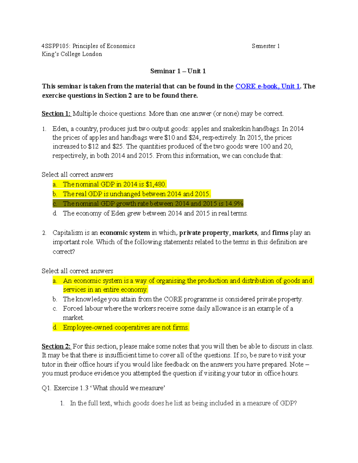 Principles of Economics - Seminar 1 Questions - 4SSPP105: Principles of ...