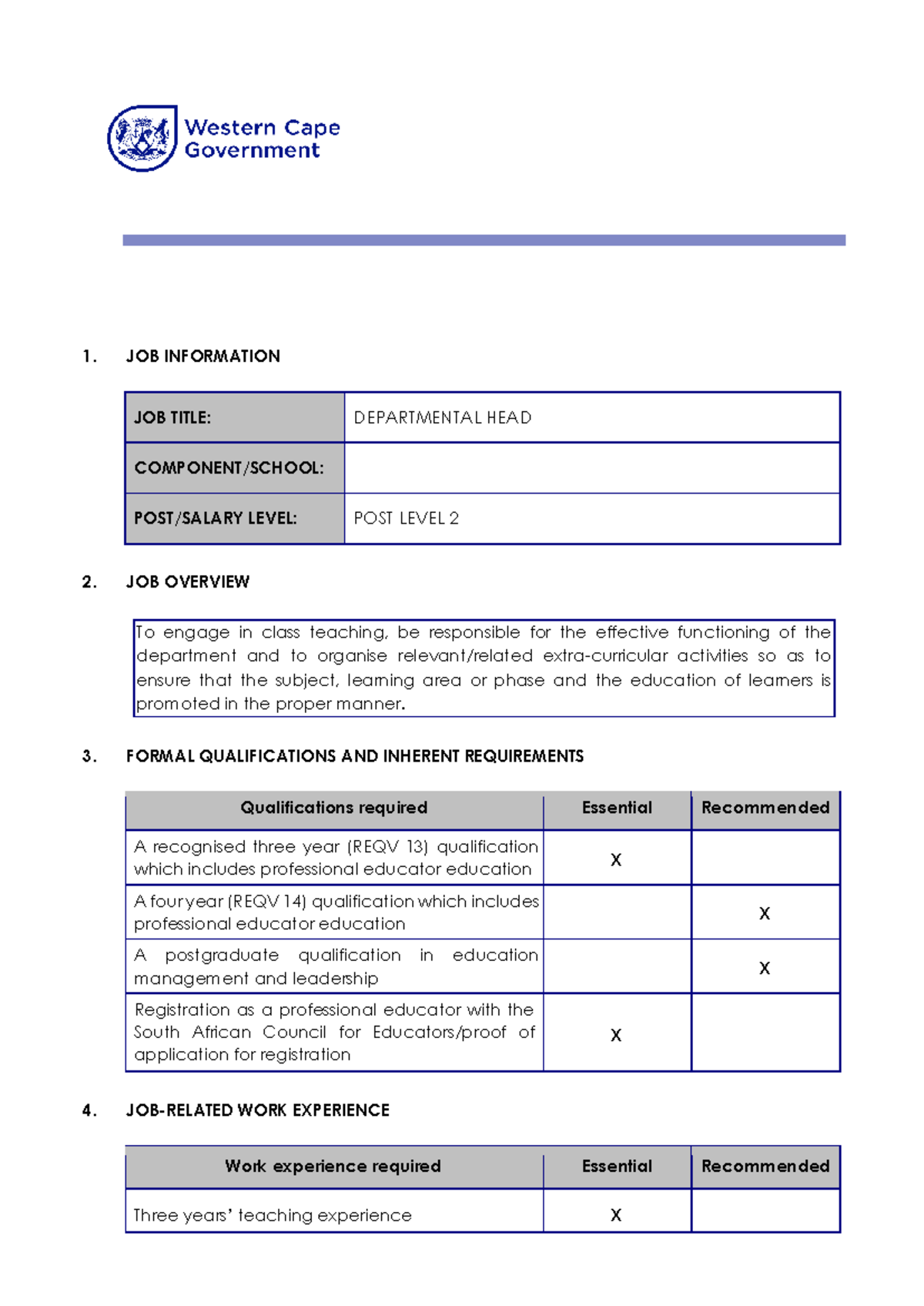 JD Departmental Head - 1. JOB INFORMATION JOB TITLE: DEPARTMENTAL HEAD ...