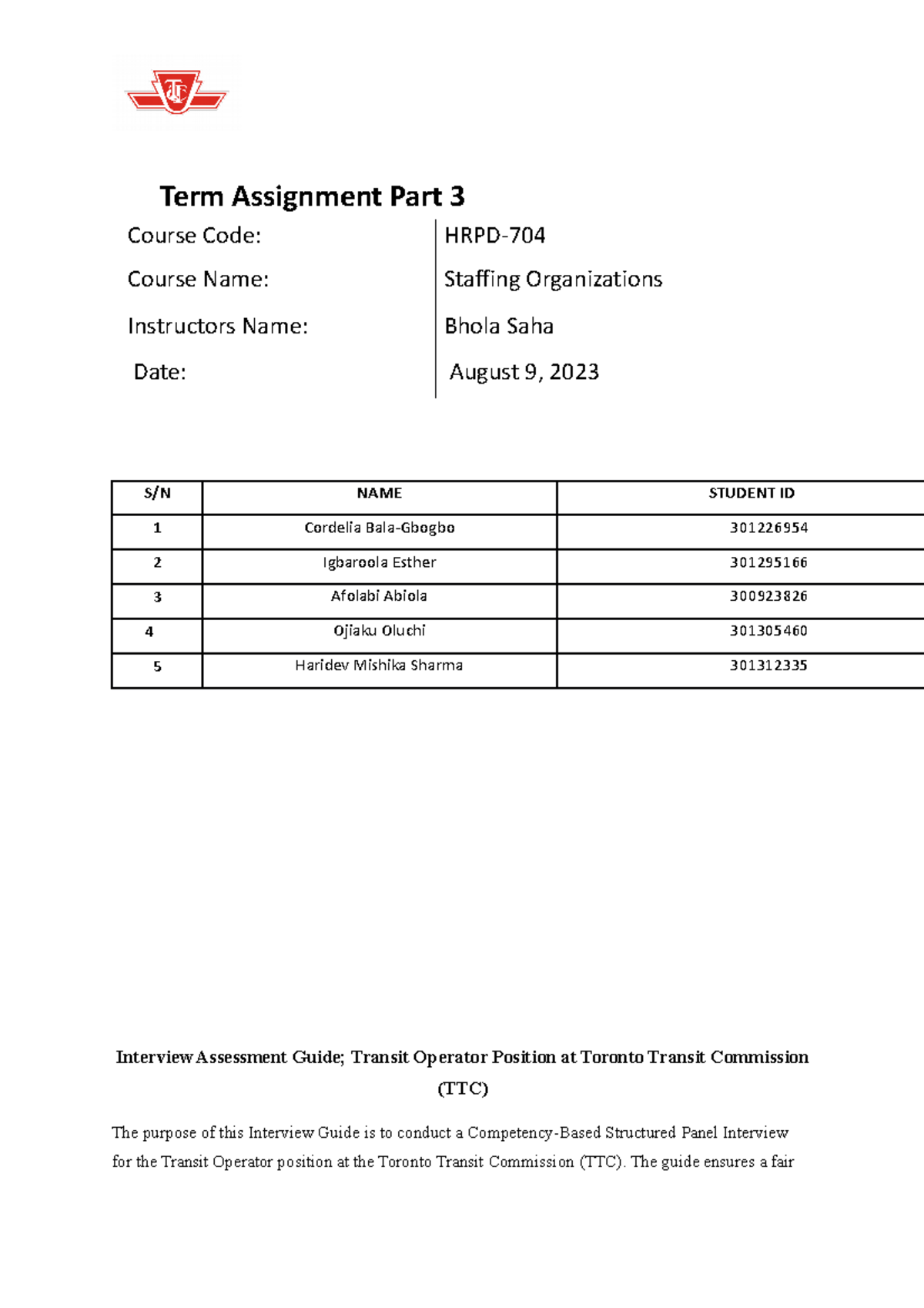 Interview Evaluation Form Toronto Transit Commission - Term Assignment ...