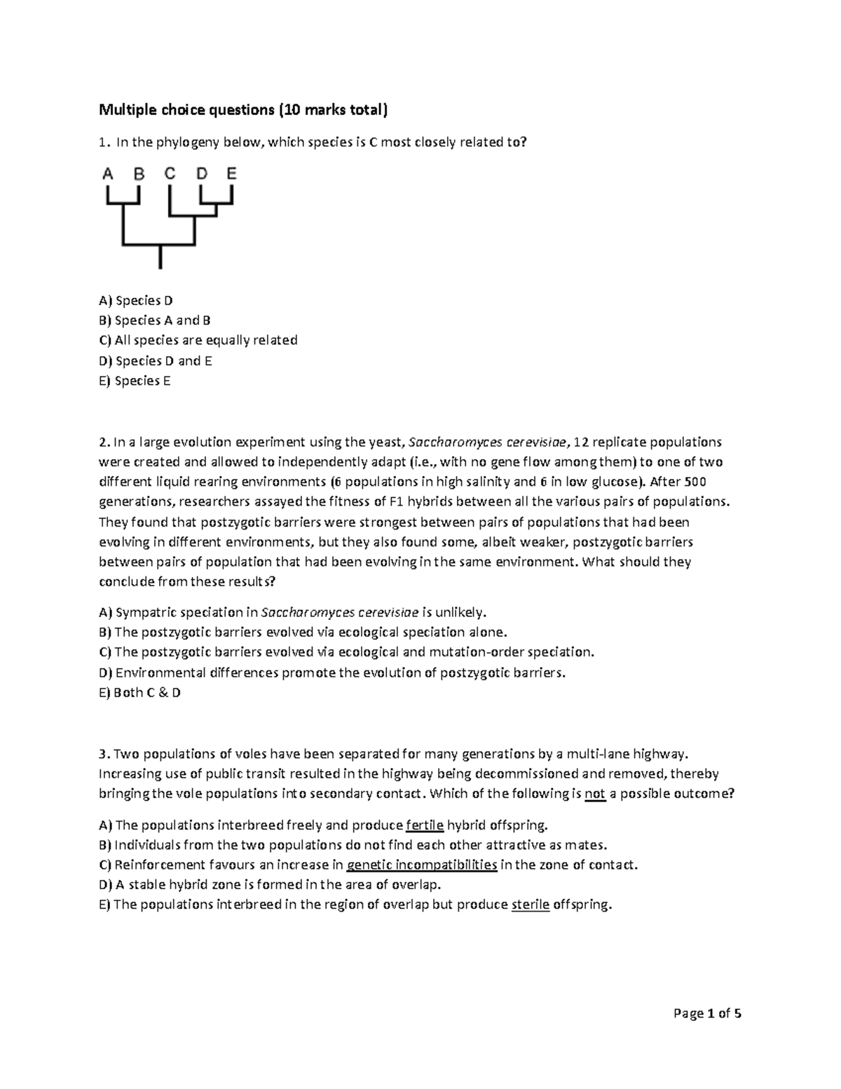 BIO1130 2021F Midterm 2 No solutions - Multiple choice questions (10 marks total) - Studocu