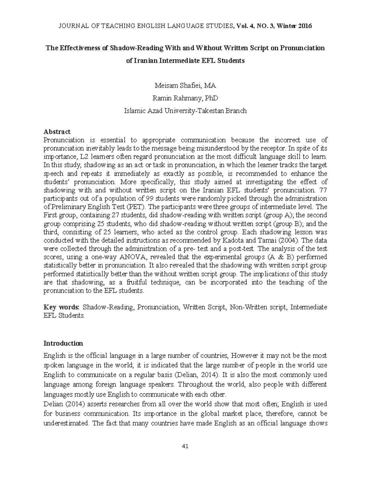 The Effectiveness of Shadow-Reading With and Without Written Script on ...