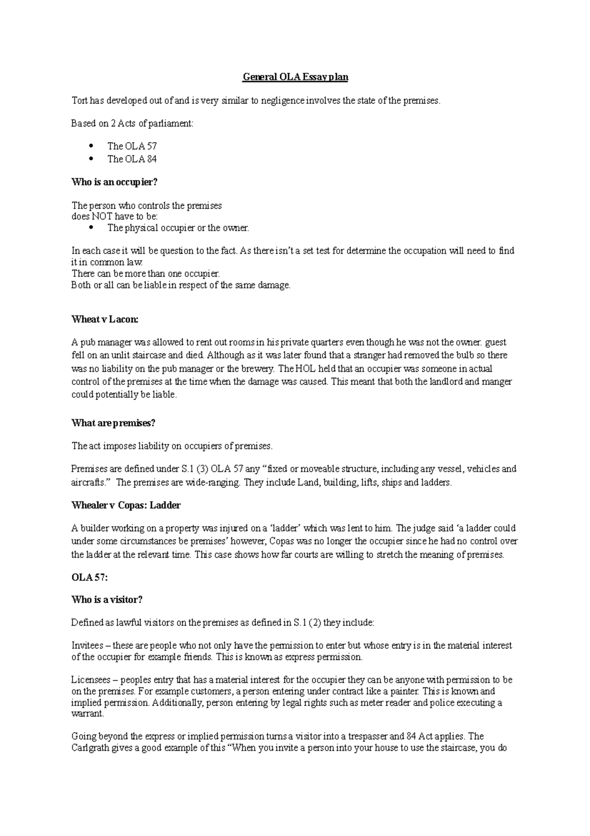 Essay Plan - OLA 1957 - Grade: A - General OLA Essay plan Tort has ...