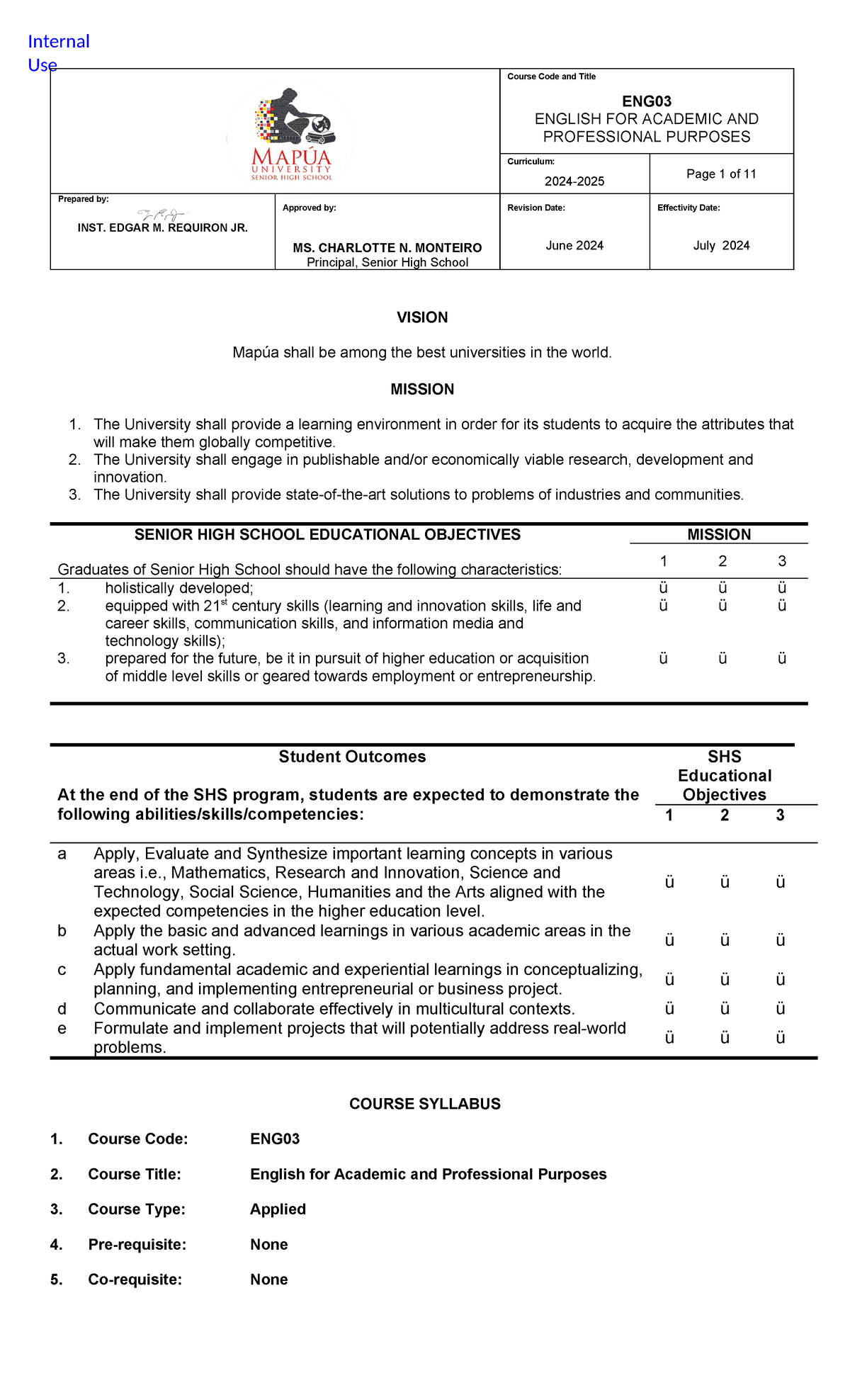 ENG03 SY2425 - this. - Use Course Code and Title ENG ENGLISH FOR ...