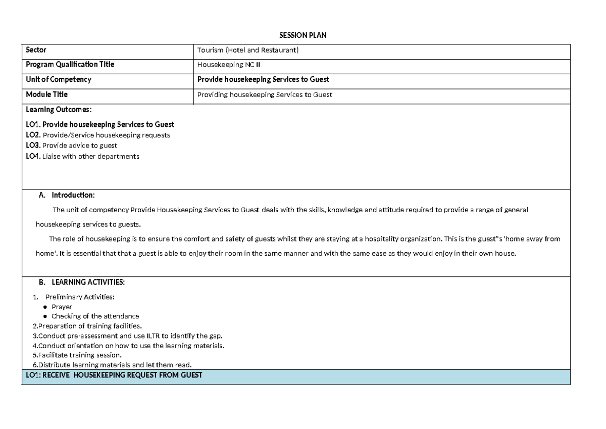 Session PLAN finals - SESSION PLAN Sector Tourism (Hotel and Restaurant ...